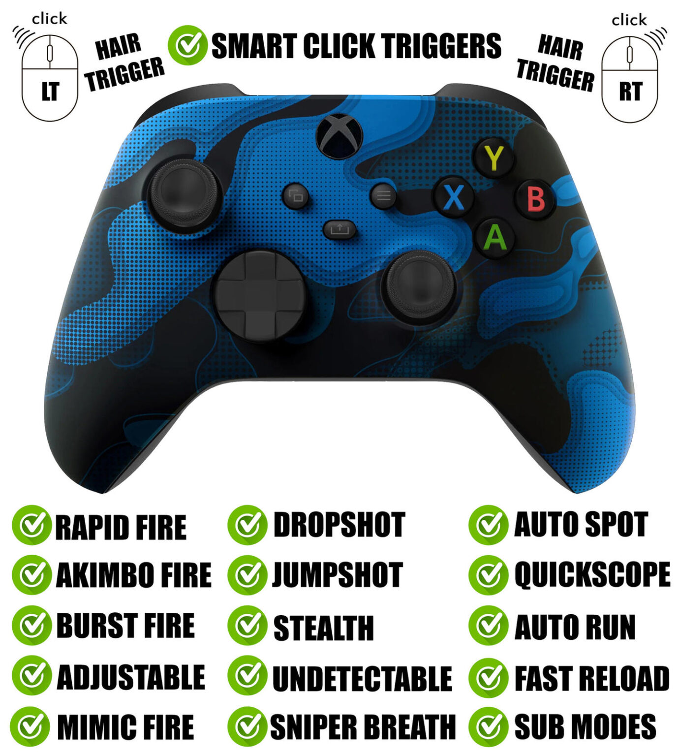 Blue Camo Silent Modz Smart Click Triggers Modded Controller for Xbox ...