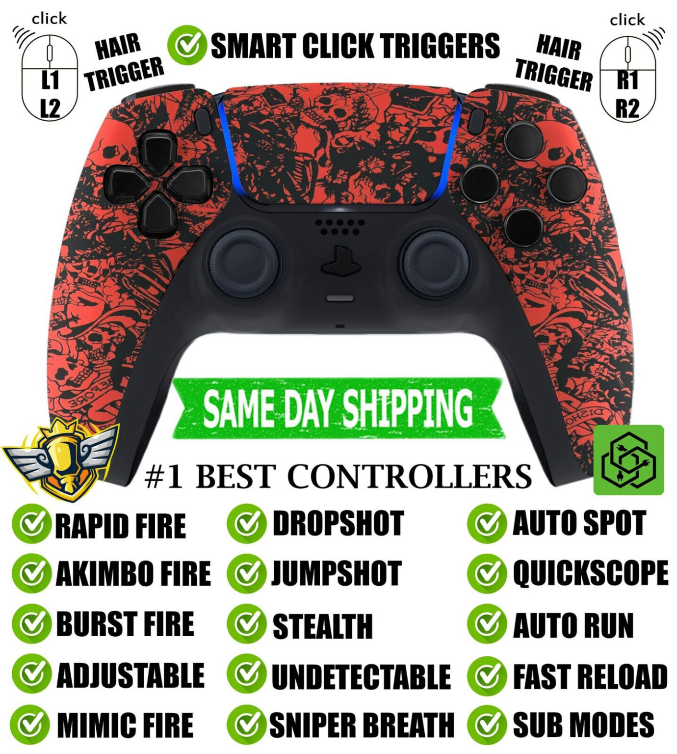 Red Skulls Pro Competition Smart Click Hair Triggers Modded Controller for PS5 - Silent Modz
